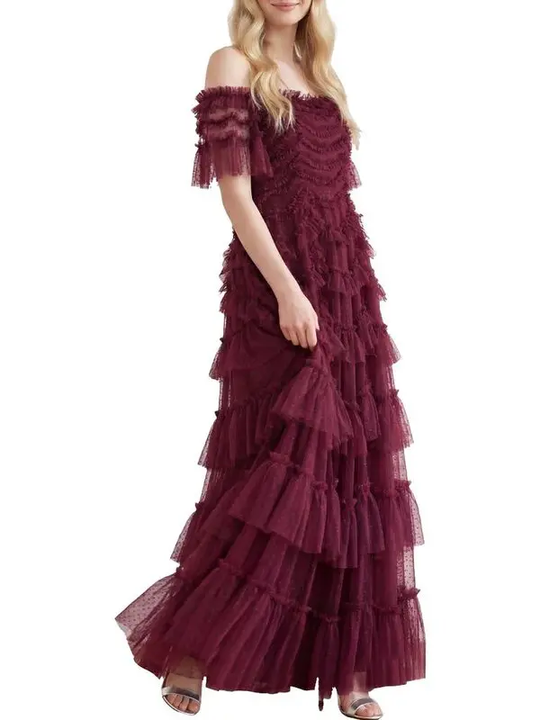 NEEDLE & THREAD Aviana Off-shoulder Gown - Claret