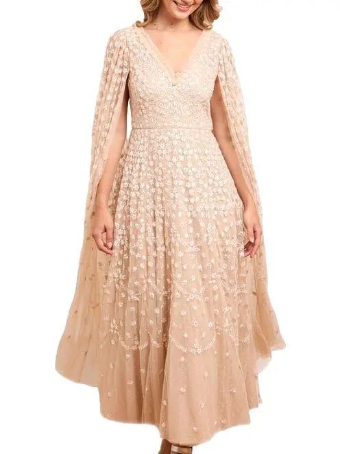 NEEDLE & THREAD Clover Cape Sleeve Ankle Gown - Beige/cream