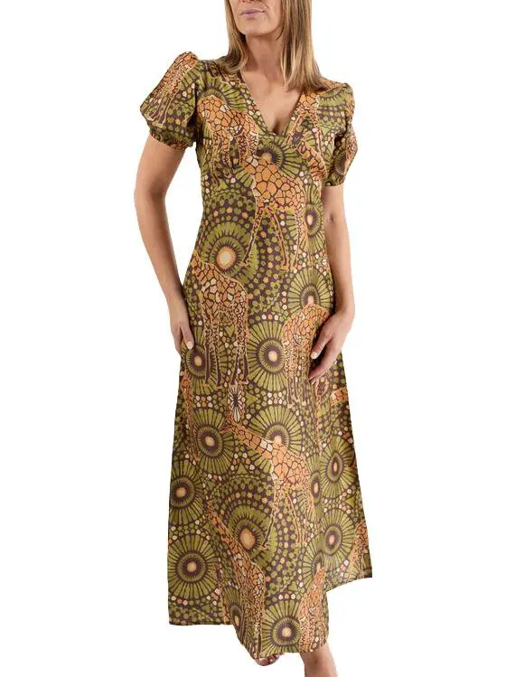 Kenny Flowers Puff Sleeve V-neck Maxi Dress - Brown