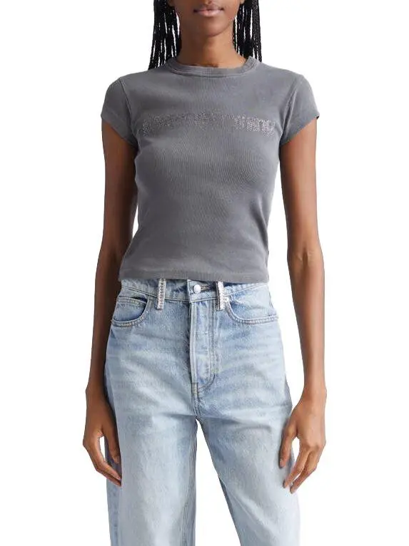 Alexander Wang Hotfix Crystal Logo Baby Tee - Grey