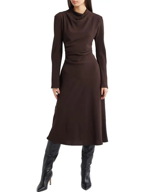 Mango Ruched Long-sleeve Midi Dress - Chocolate