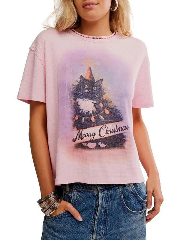 Free People Merry Holiday Waffle Knit Graphic T-shirt - Pink Combo
