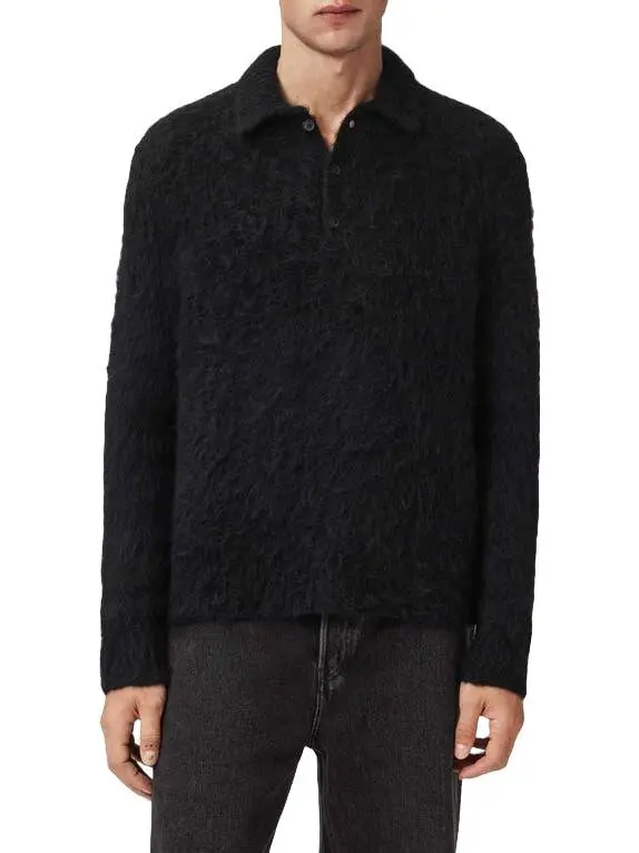 ALLSAINTS Sonny Long Sleeve Hairy Alpaca & Wool Blend Polo - Black