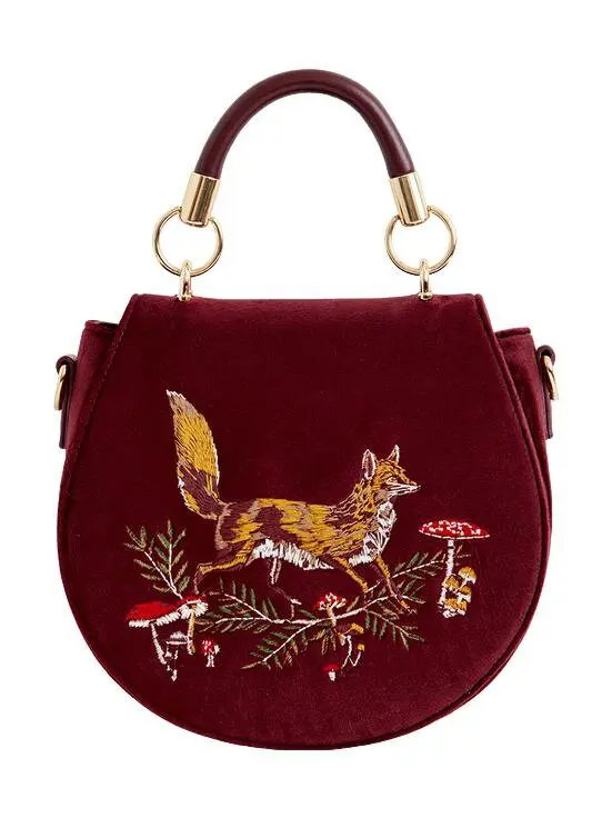 FABLE ENGLAND Fox & Mushroom Embroidered Saddle Bag - Red