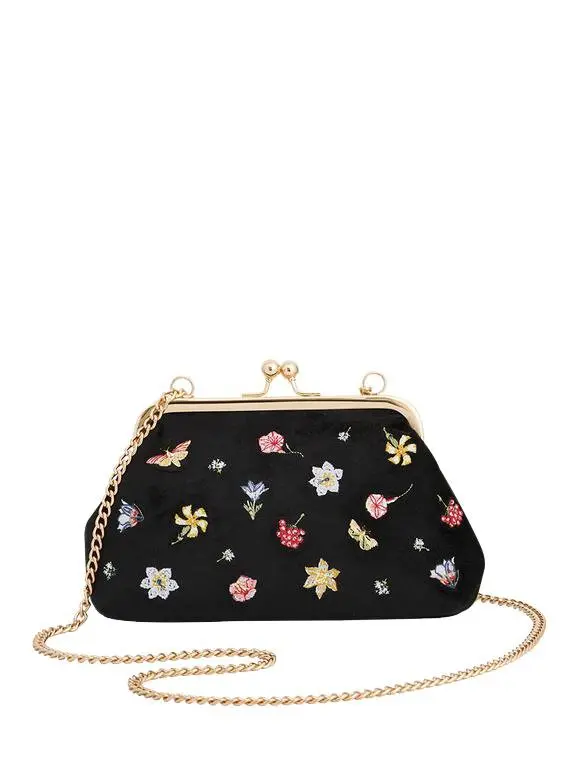 FABLE ENGLAND Floral Ditsy Embroidered Velvet Clutch Bag - Black