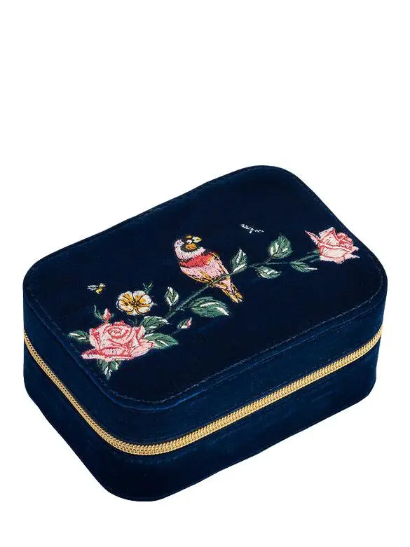 FABLE ENGLAND Rosy Posy Embroidered Jewellery Box - Navy