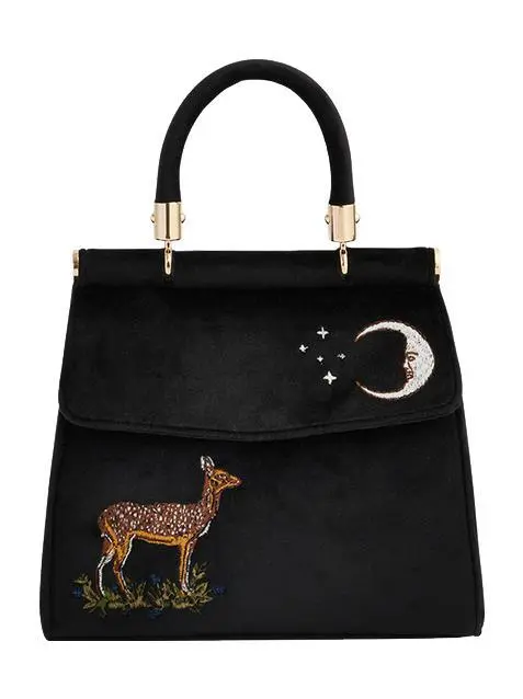 FABLE ENGLAND Deer & Moon Embroidered Velvet Tote - Black