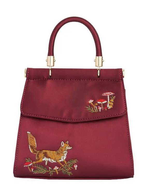 FABLE ENGLAND Fox & Mushroom Embroidered Burgundy Satin Tote - Red