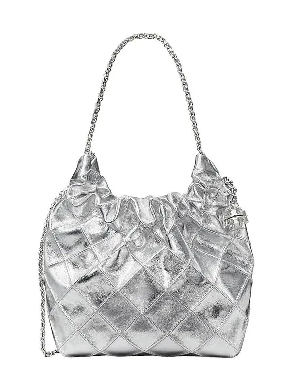 Tory Burch Fleming Mini Metallic Leather Hobo Bag - Silver