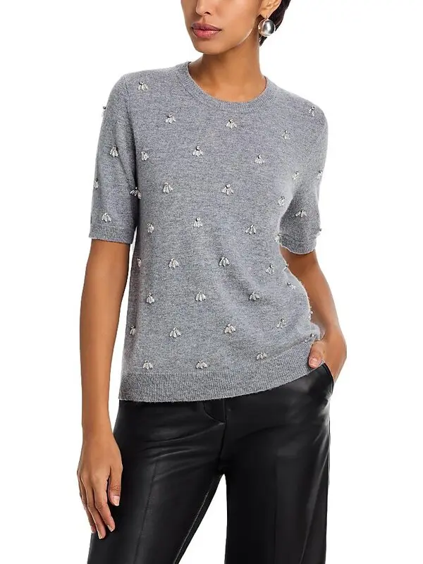 MILLY Rosalyn Rhinestone Embellished Crewneck Top - Grey