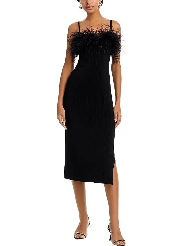 MILLY Robena Feather-embellished Ribbed Midi Dress - Black