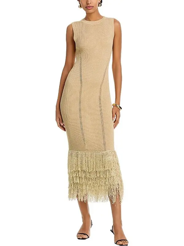 MILLY Raz Metallic Rib Fringe Dress - Gold