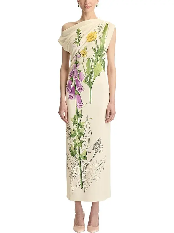 Oscar De La Renta Foxglove Print Drape Jersey Dress - Butter Multi