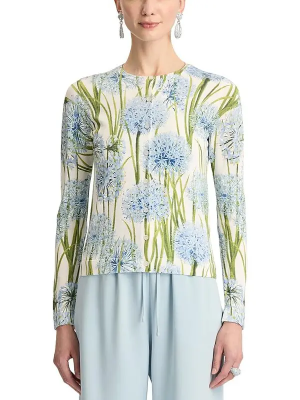 Oscar De La Renta Printed Allium Long Sleeve Cardigan - Blue/white
