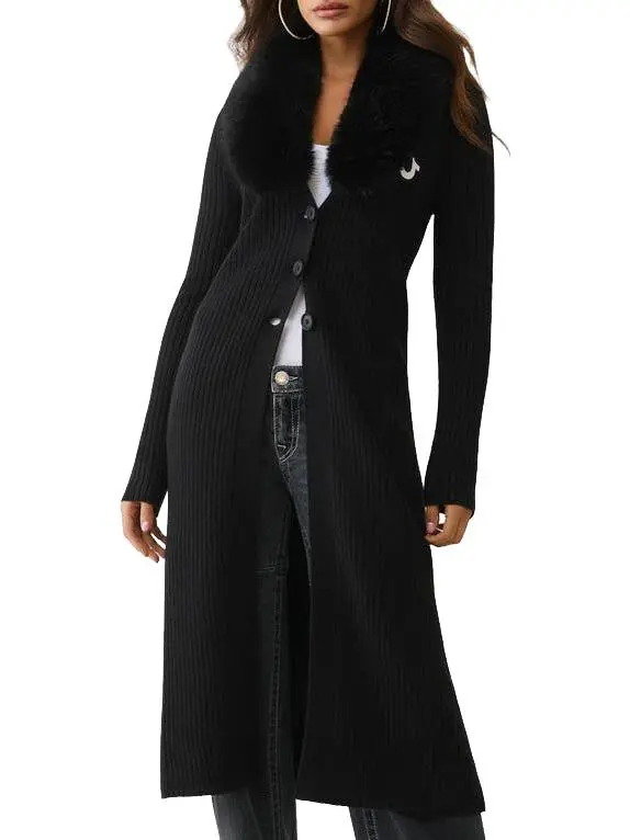 True Religion Embroidered Faux Fur Collar Rib Longline Cardigan - Jet Black