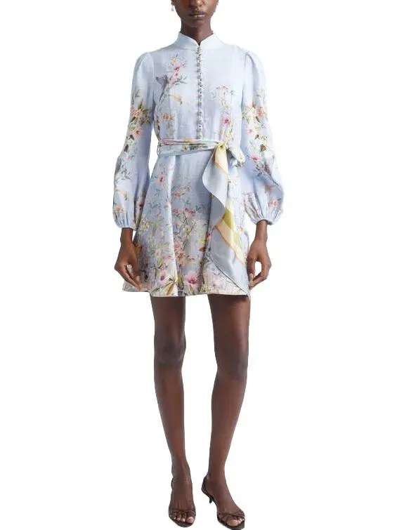 Zimmermann Rebellion Long Sleeve Linen Belted Minidress - Blue Aviary