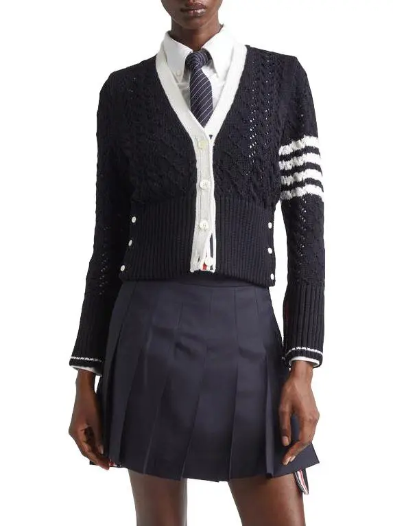 Thom Browne 4-bar Pointelle Cable Virgin Wool Cardigan - Navy