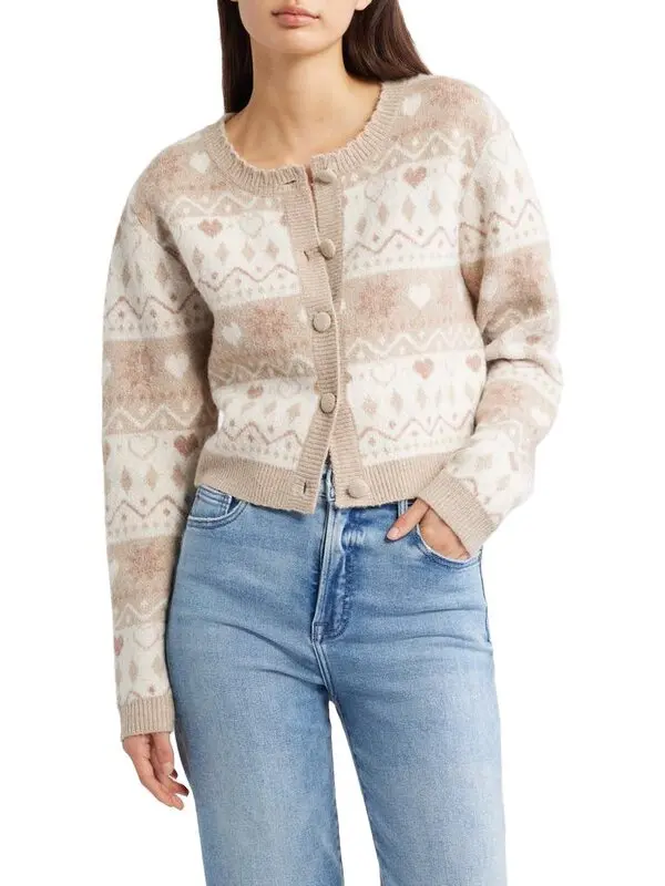 ALL IN FAVOR Fair Isle Boxy Cardigan - Beige Ivory Taupe