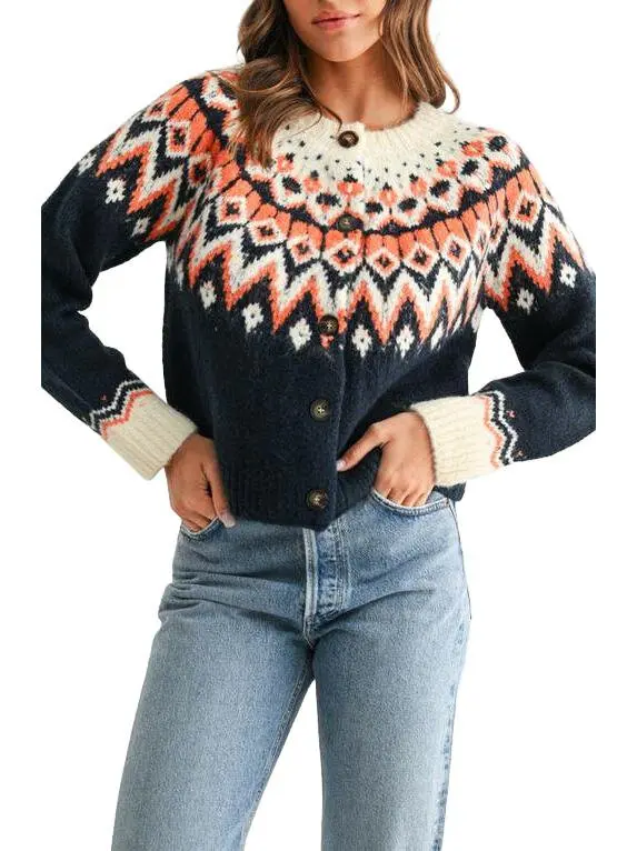 ALL IN FAVOR Fair Isle Cardigan - Navy Cream