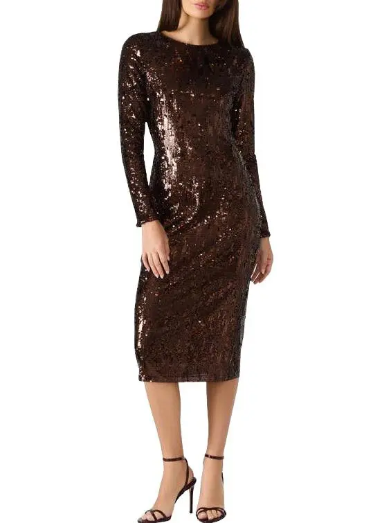 Steve Madden Hailee Sequin Long Sleeve Midi Dress - Brown