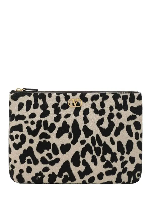 Valentino Garavani Animal-print Pony-effect Pouch With Vlogo Signature - Beige