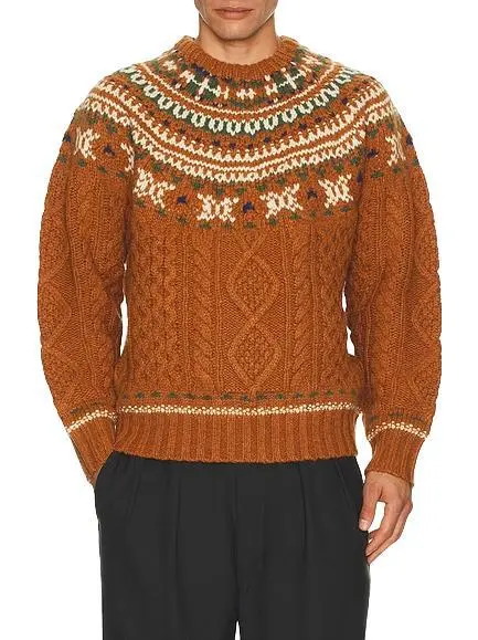 BEAMS Crew Nordic Cable Sweater - Brick