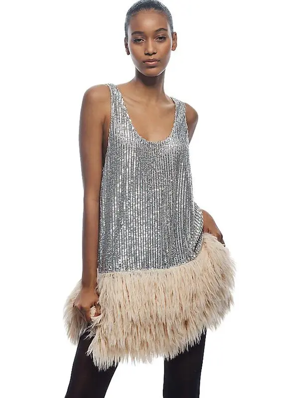 SIEMPRE Deco Sequin Feather Tunic - Silver/pink