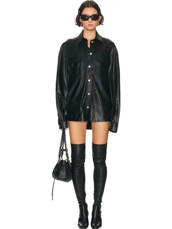 EZR Oversize Long Sleeve Leather Dress With Pockets - Black