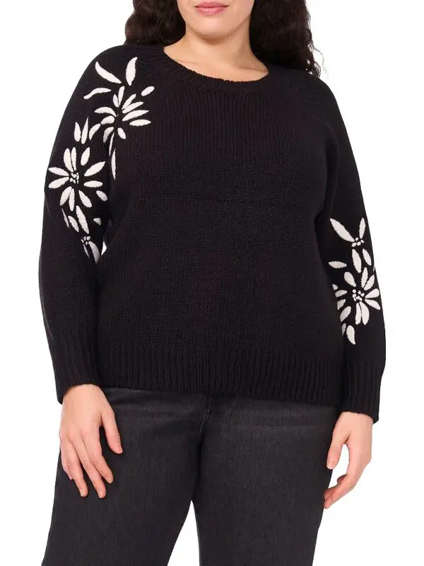 Halogen Embroidered Floral Pullover - Rich Black
