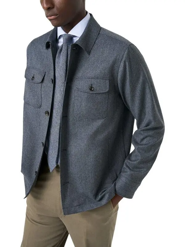 Eton Merino Wool Flannel Overshirt - Navy