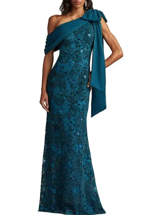 Tadashi Shoji Beaded Floral One-shoulder Gown - Cerulean