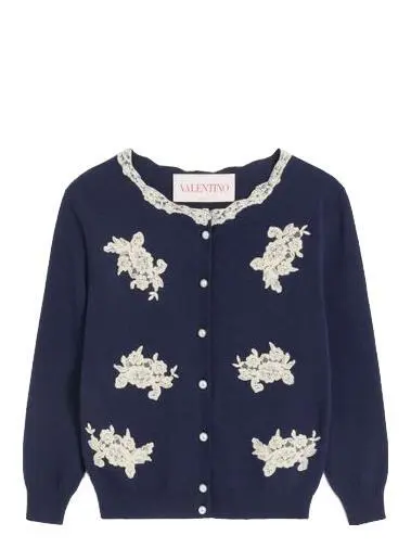 Valentino Garavani Embroidered Wool And Lace Cardigan - Blue/ivory