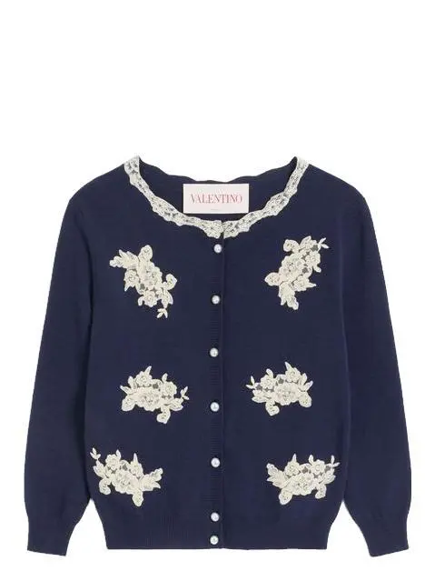 Valentino Garavani Embroidered Wool And Lace Cardigan - Blue/ivory