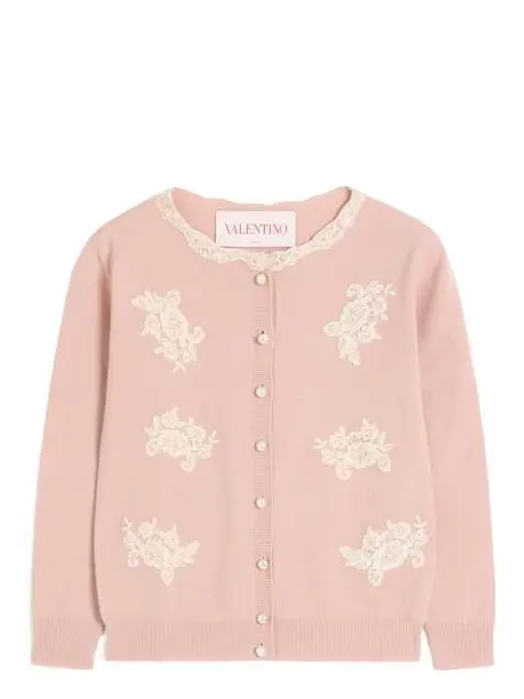 Valentino Garavani Embroidered Wool And Lace Cardigan - Rose Mist/ivory