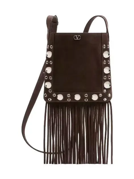 Valentino Garavani Nellcôte Small Shoulder Bag In Suede With Fringes - Brown