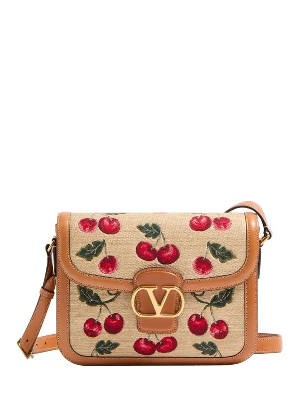 Valentino Garavani 9to5 Raffia Shoulder Bag With Cherryfic Motif - Natural/red