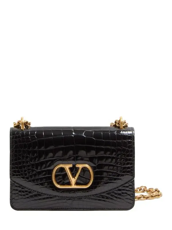 Valentino Garavani Vain Small Shoulder Bag In Crocodile Leather - Black