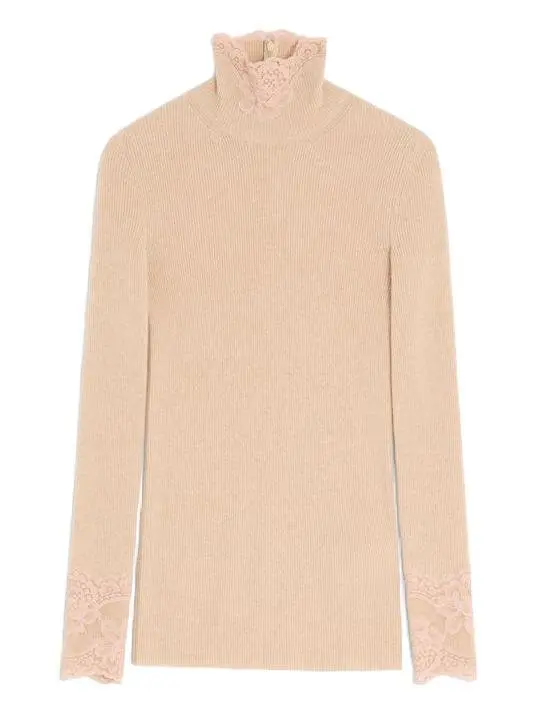 Valentino Garavani Lace Trimmed High Neck Jumper - Alabaster