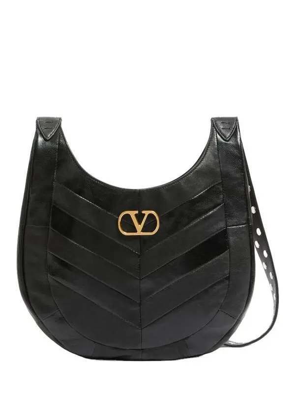 Valentino Garavani Small Hobo Bag In Chevron-patterned Nappa Leather - Black