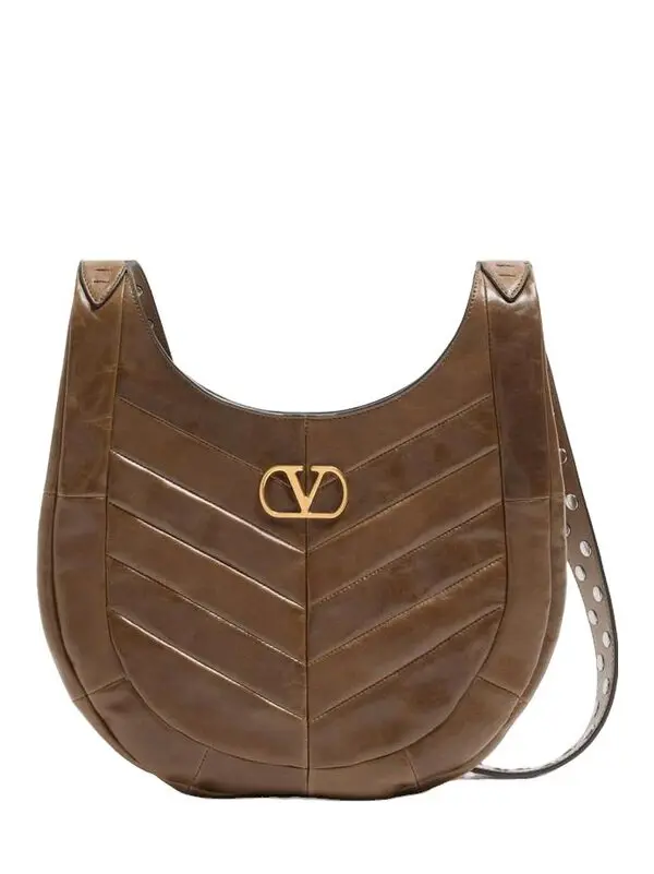 Valentino Garavani Small Hobo Bag In Chevron-patterned Nappa Leather - Tundra