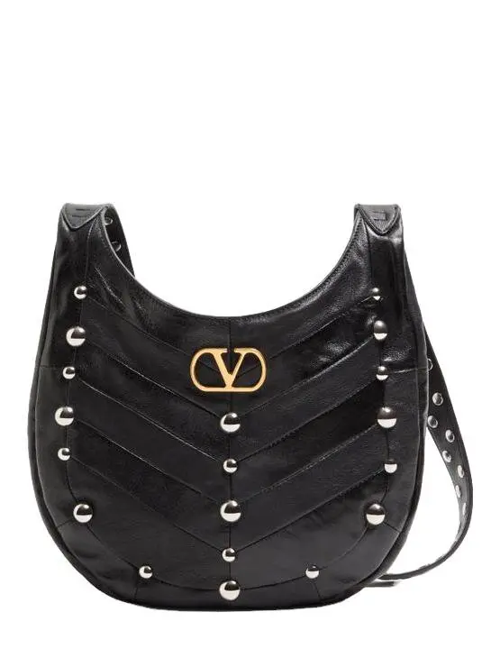 Valentino Garavani Small Nappa Leather Hobo Bag With Chevron Pattern And Studs - Black