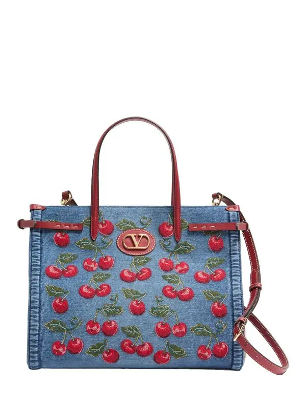 Valentino Garavani Medium Antibes Denim Shopper With Cherryfic Embroidery - Denim/multicolour