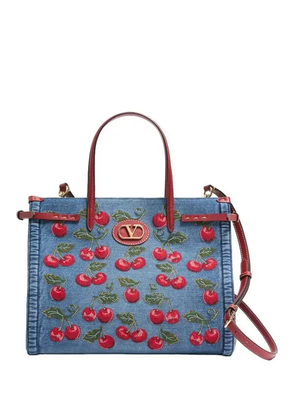 Valentino Garavani Medium Antibes Denim Shopper With Cherryfic Embroidery - Denim/multicolour
