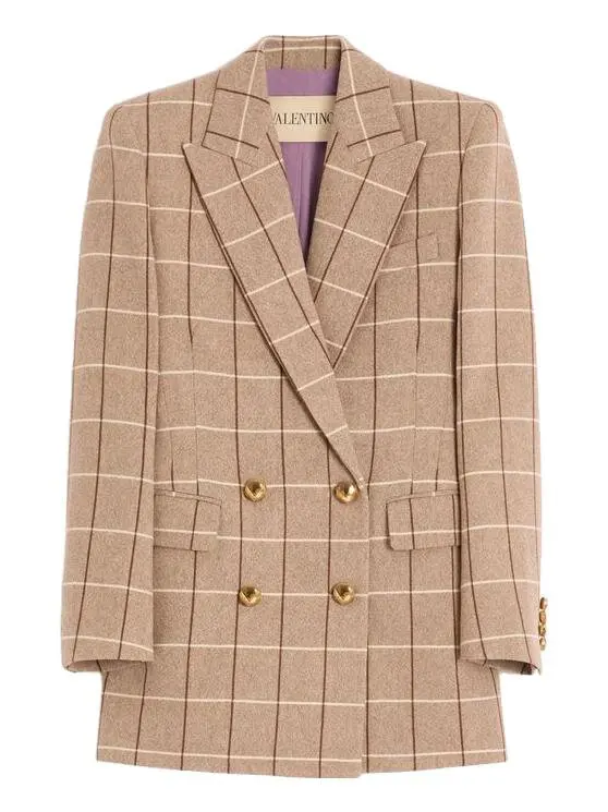 Valentino Garavani Double-breasted Blazer With Windowpane Check - Beige/maroon/ivory
