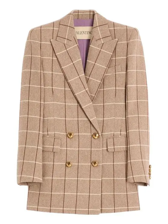 Valentino Garavani Double-breasted Windowpane Wool Blazer - Beige/maroon/ivory