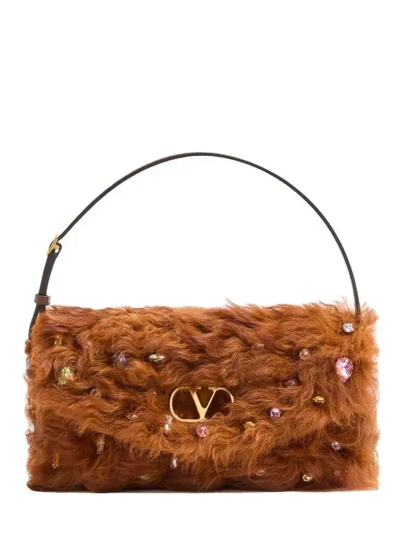Valentino Garavani Small Shoulder Bag In Lamb Fur With Rhinestones - Brown/multicolour