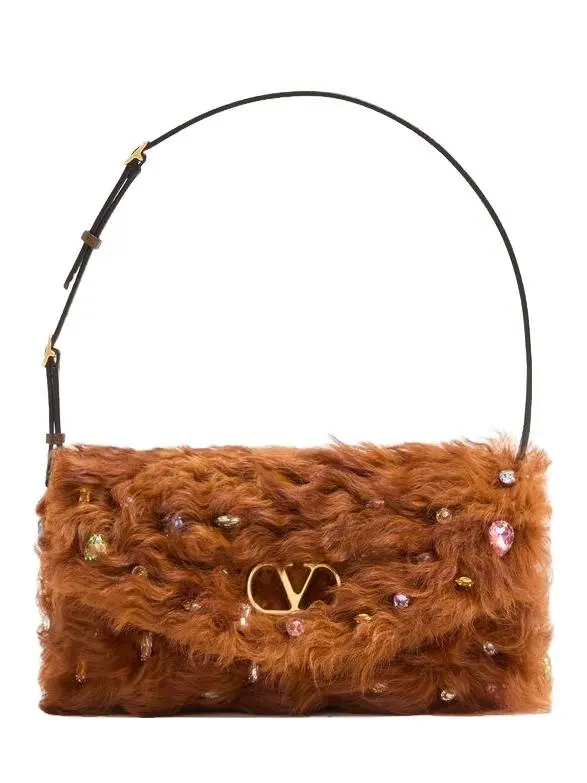 Valentino Garavani Small Shoulder Bag In Lamb Fur With Rhinestones - Brown/multicolour