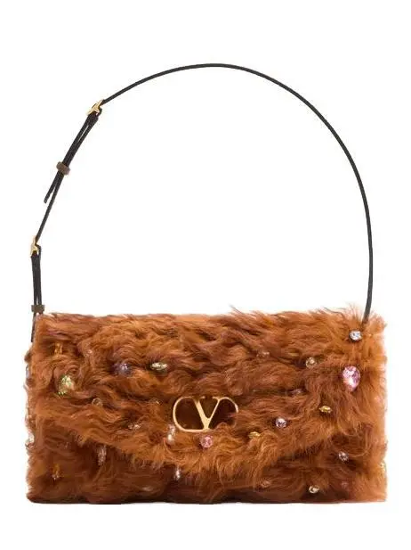 Valentino Garavani Small Shoulder Bag In Lamb Fur With Rhinestones - Brown/multicolour