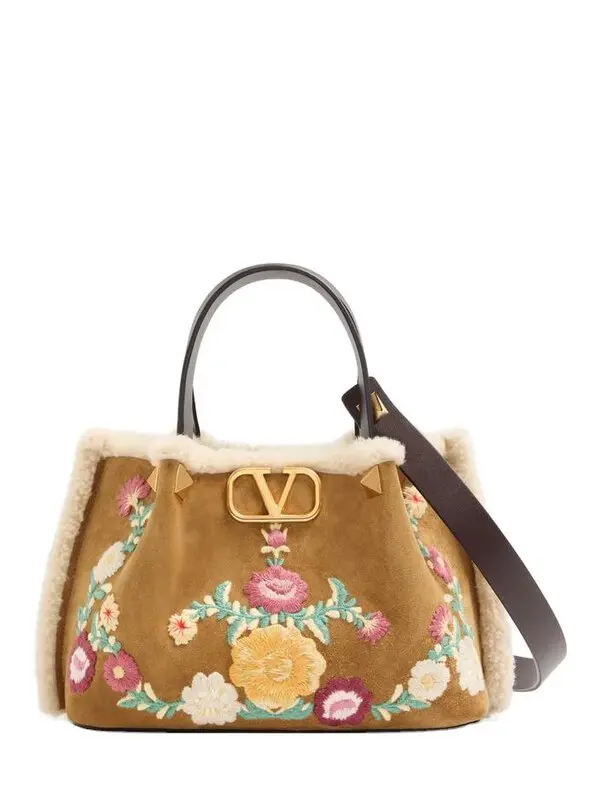 Valentino Garavani Small Embroidered Suede Shopping Bag - Havana Beige