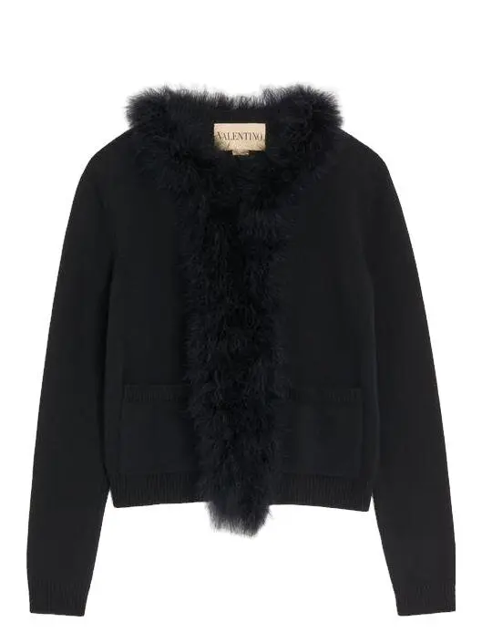 Valentino Garavani Wool Cardigan With Feather Boa - Black